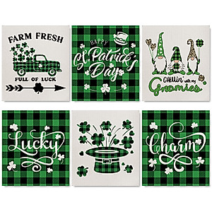 AnyDesign St. Patrick's Day Swedish Kitchen Dishcloth Green Black Buffalo Plaids Gnome Truck Shamrock Absorbent Cotton Kitchen Towel for Party Home Housewarming Cleaning Counter Wipes, 7 x 8 in, 6Pcs