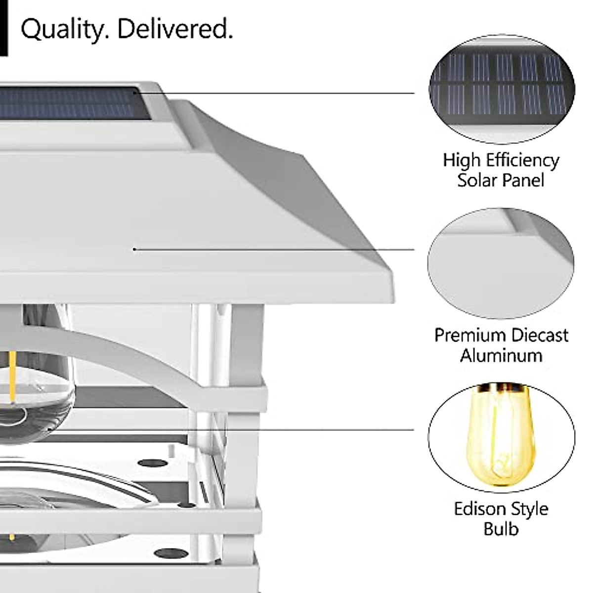 Davinci Lighting Edison Solar Outdoor Post Cap Lights - 4x4 5x5 6x6 - Bright LED Light for Fence Deck Garden or Patio Posts - Pearl White (2 Pack)