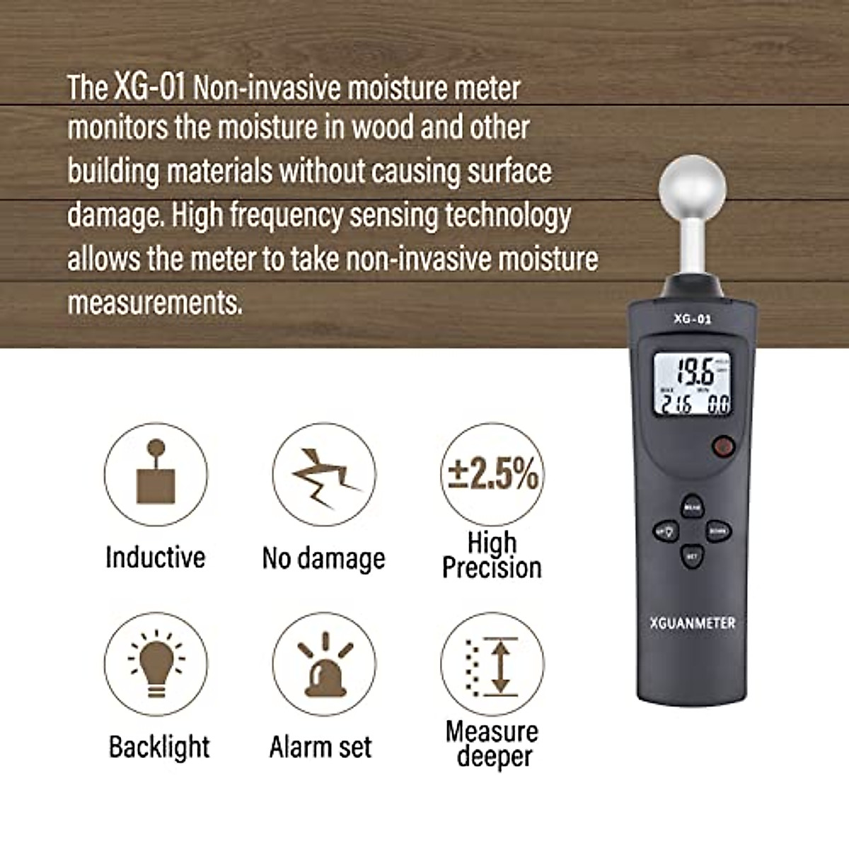 XG-01 Pinless Moisture Meter for Non-Destructive Moisture Detection in Drywall, Wood, and Masonry-Spherical sensor