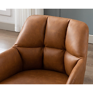 EALSON Comfy Leather Desk Chair Modern Computer Task Chair no Wheels Swivel Accent Chair with Mid Back Arm Chair for Living Room/Bedroom/Home Office, PU Brown