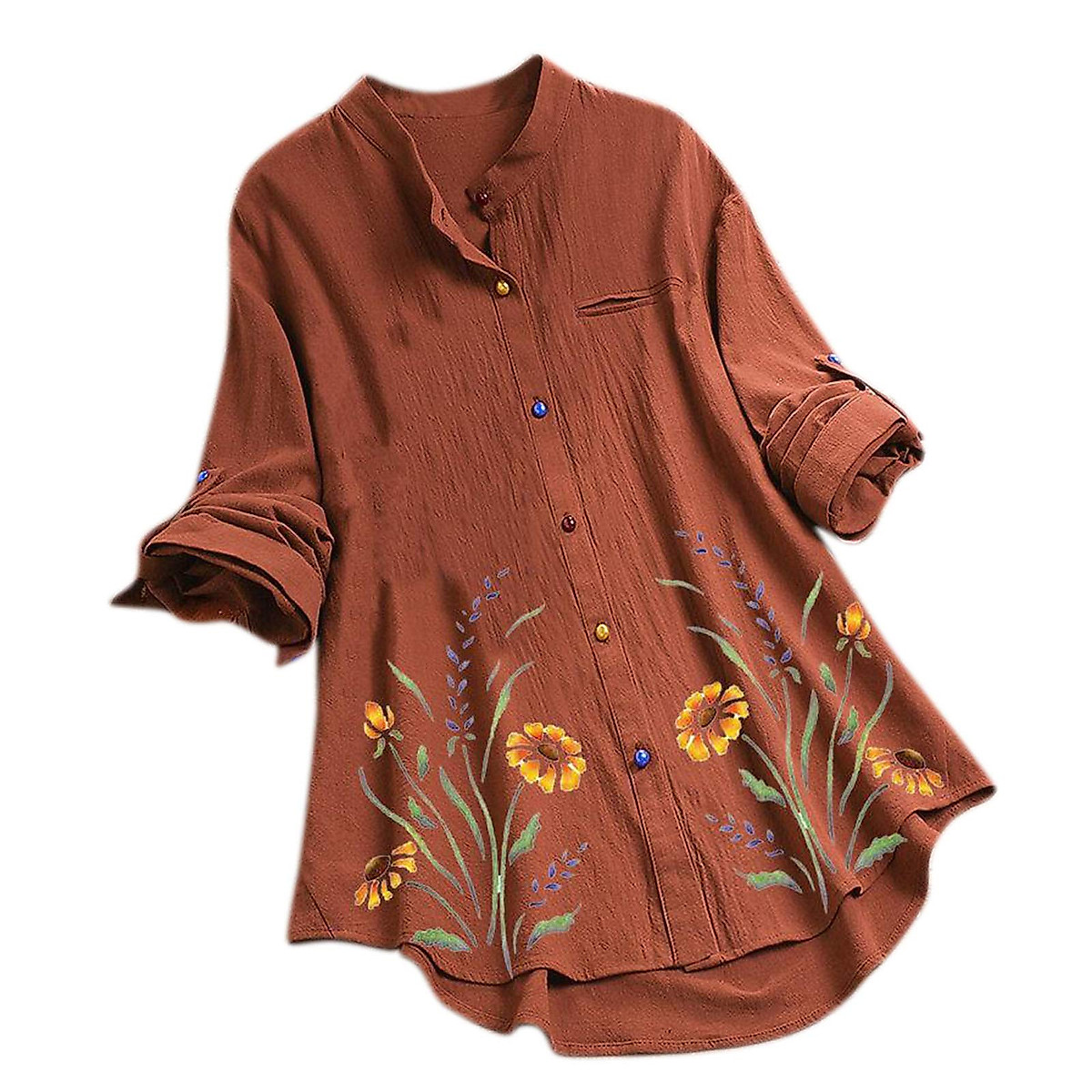 Aniywn Women Round Neck Lace Up Lace Patchwork Flare Pullover Top Casual Plus Size 3/4 Sleeve Floral Printed T-Shirt Brown