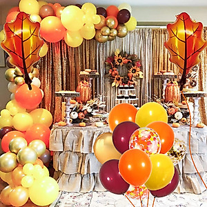 62 PCS Maple Leaves Fall Balloons, 12 Inch Orange Yellow Burgundy Gold and Confetti Balloons with Maple Leaves Foil Balloons for Fall Theme Thanksging Day Party Decoration