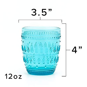 Euro Ceramica Fez Collection Drinkware and Glasses, 12oz Old Fashion Set of 4, Teardrop Mandala Design, Turquoise
