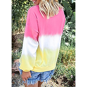 Biucly Women Color Block Lightweight Sweatshirt Long Sleeve Tie Dye Pullover Hoodie,US 12-14(L),Pink,White,Yellow