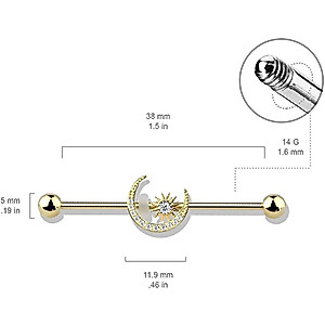 CZ Paved Moon with CZ Center Star 316L Surgical Steel Industrial Barbell (Clear)
