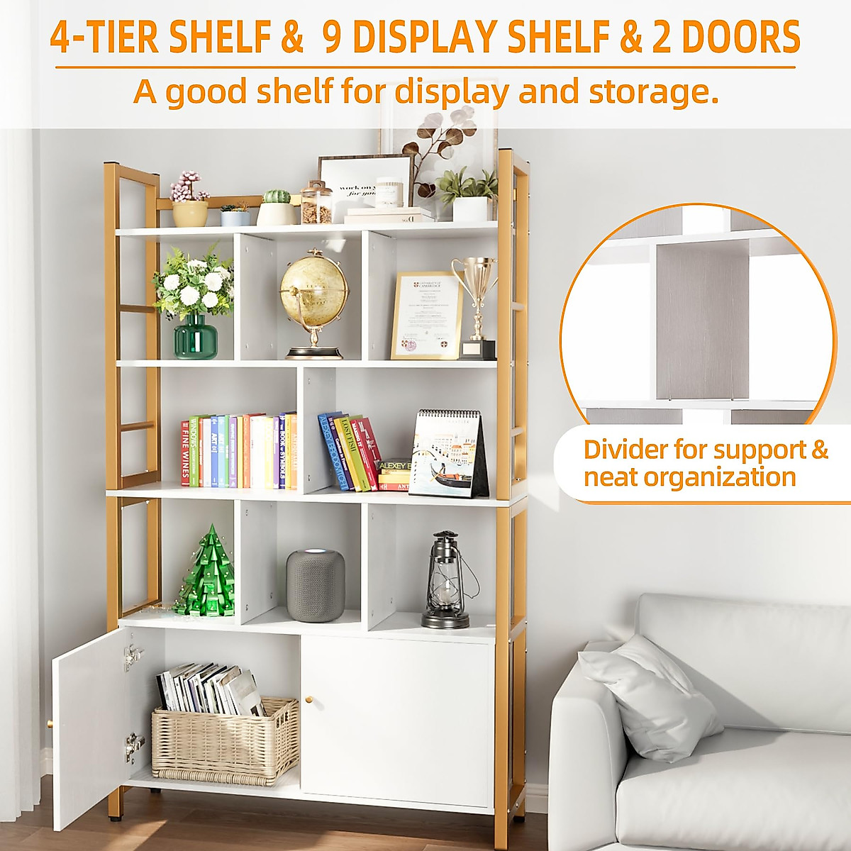 Gold and White Bookshelf with Doors, 4 Tier 39.4in Wide Heavy Duty Bookshelves with Cabinet Storage, Large Book Shelf 64.2" H x 39.4" W x 11.8" D Office Shelving, Wood & Metal Bookcase Living Room