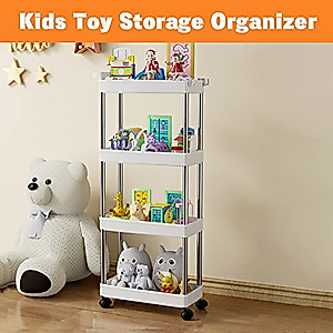 4 Tier Slim Rolling Storage Cart,Laundry Room Organization Rolling Utility Cart Slide Out Storage Shelves Mobile Shelving Unit Organizer for Office Kitchen Bathroom Laundry Narrow Places(White,Slim)