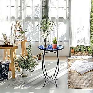 Patio Side Table Outdoor Mosaic Table Accent Coffee Table,Plant End Table Small Porch Blue-White Table Indoor,Round Glass Balcony Small Porch Plant Table Stands for Garden Patio Living Room 14 Inch