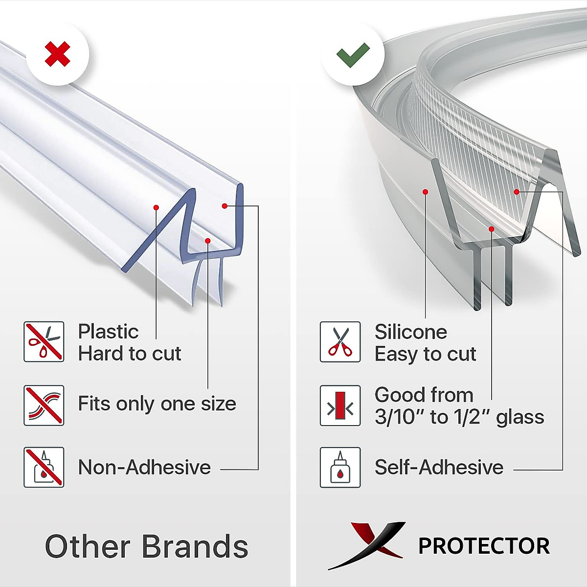 Frameless Shower Door Bottom Seal X-Protector - 40" Shower Door Seal For All Door Thicknesses - Self-Adhesive Shower Door Sweep - Premium Door Bottom Seal Strip - Silicone Glass Shower Door Seal Strip