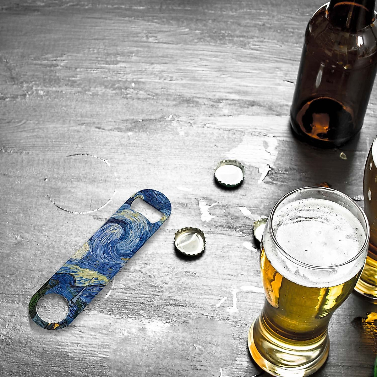 Stainless Steel Bottle Opener Flat Bottle Opener Durable Beer Bottle Opener for Home Kitchen Bar Restaurant Party 7 inches (Abstract Blue Starry Sky)