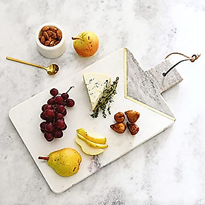 Boho 2-Tone Marble Charcuterie or Cutting Board with Brass Inlay and Leather Tie, Gray and White