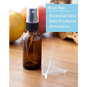 JUVITUS 1 oz Amber Glass Boston Round Bottle with Black Fine Mist Sprayer (12 pack) + Funnel