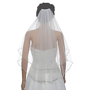 2T 2 Tier Silver Pearl Crystal Beaded Veil - Light Ivory Fingertip Length 36" V485