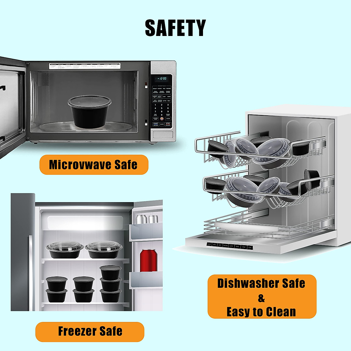 Restaurant Boxes 16 oz Meal Prep Round Black Containers with Clear Lids - 150 Sets, Disposable Food Containers, To Go Food Container, Take Out Food Containers