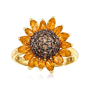 Ross-Simons 1.70 ct. t.w. Citrine and .80 ct. t.w. Smoky Quartz Sunflower Ring in 18kt Gold Over Sterling. Size 7
