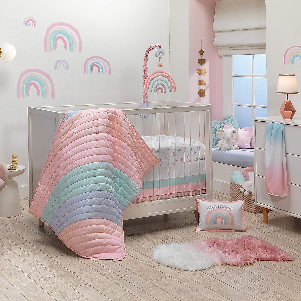 Lambs & Ivy Watercolor Pastel Rainbow/Pom Pom Musical Baby Nursery Crib Mobile