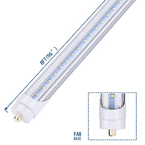 JOMITOP 8ft Led Tube Light,T8 LED Light Bulb 8 foot, 45W (100W Equivalent),Single Pin FA8 Base Led Shop Lights,Dual-Ended Power, Cold White 6000K, 5400LM, Clear Cover, AC 85-277V 4 Pack