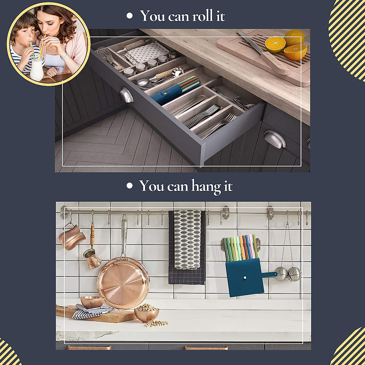 Skoo - Set of 10 Silicone Drinking Reusable Straws + Silicone Case Holder + Cleaning Brush - Jumbo Smoothies and Cocktails - Large and Thick Boba Straws Set Extra Wide - 10 inch Straight Long 0.4 Dia