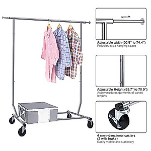 Camabel Clothing Garment Rack Capacity 300 lbs Heavy Duty Adjustable Rolling Moveable Commercial Grade Steel Extendable hanging drying High Chrome With Brake Metal Shelf on with Wheels for Boxes BG384