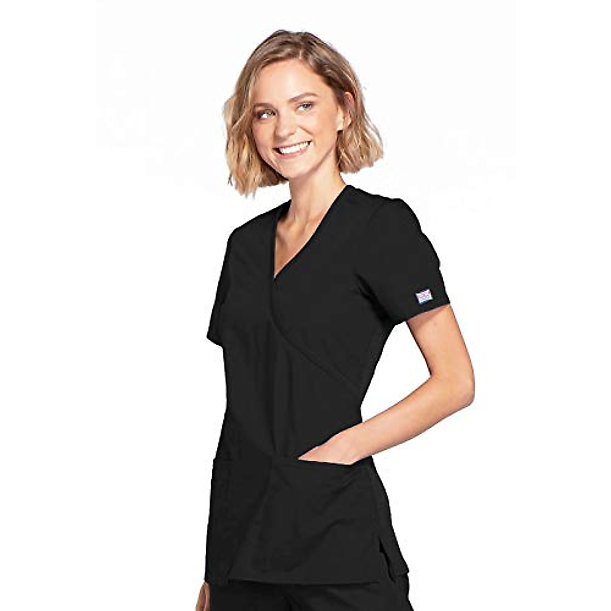 Women's Mock Wrap Top Workwear Originals with Rib-Knit Back Panels WW650, M, Black