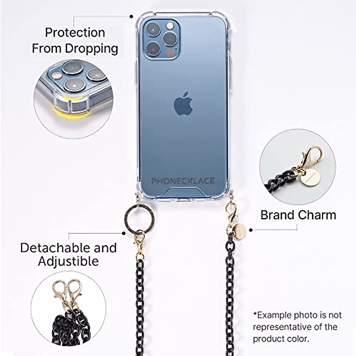 phonecklace iPhone 12Pro Crossbody Phone Case with Adjustible Chain Strap -Shockproof Cellphone Cover with Metal Component for Safe. Detachable 14K Gold Plated Chain Strap