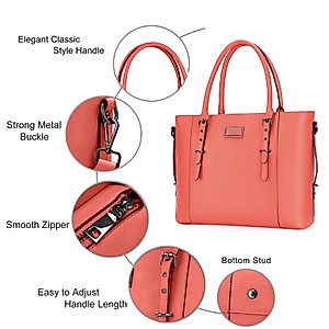 MOSISO PU Leather Laptop Tote Bag for Women (17-17.3 inch), Waterproof Large Capacity Business Work Briefcase Shoulder Laptop Bag, Living Coral