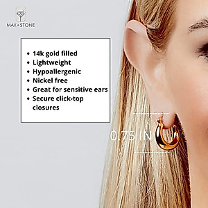 MAX + STONE 14k Yellow Gold Filled Lightweight Click Top .75" Chunky Round Polished Hoop Earrings