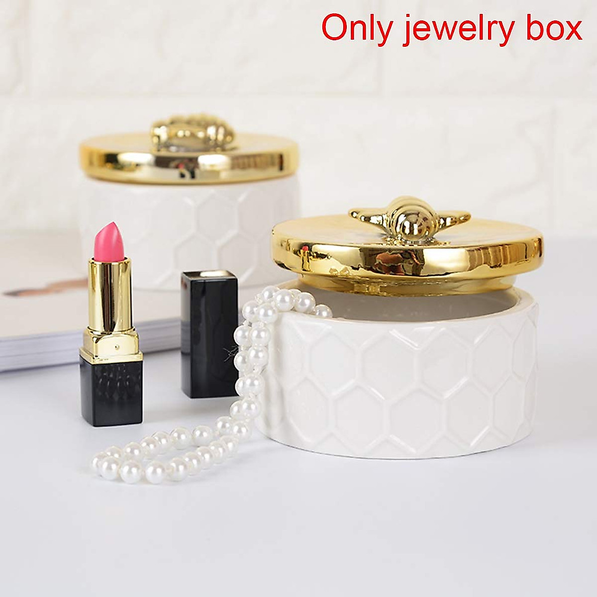 iayokocc Ceramics Jewelry Box with Golden Bee Lid - Small Jewelry Trinket Storage Tank Container,Gift for Girls Women,Round Jewellery Storage Organiser Case Bowl Trinket Pot(Size:S)