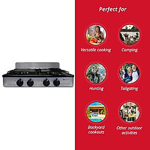 Koblenz PSK-400S 4 Portable Porcelain Cover and Four 16,000 BTU Burners, Stainless Steel Stove for Propane Gas, Silver