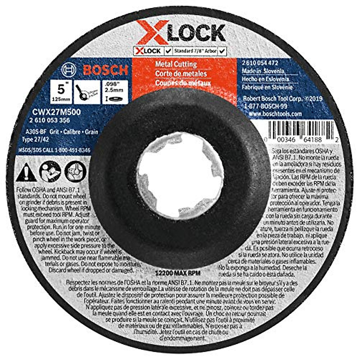 BOSCH CWX27M500 5 In. x .098 In. X-LOCK Metal Cutting Abrasive Wheel 30 Grit Compatible with 7/8 In. Arbor Type 27A (ISO 42) for Applications in Metal Cutting