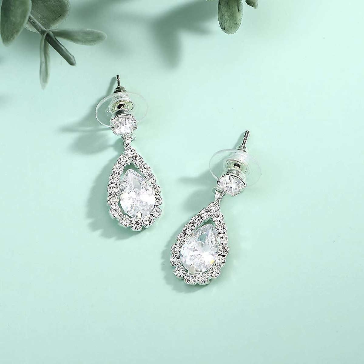 Aukmla Bride Wedding Necklace Earrings Set Silver Rhinestones Necklaces Bridal Crystal Jewelry Accessories for Women (Set of 3)