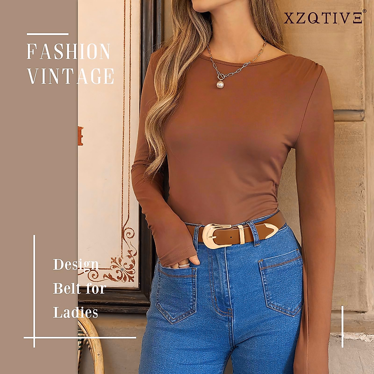 XZQTIVE Women's Leather Belt Plus Size Ladies Western Belt Silver Gold Buckle Brown Waist Belt for Jeans Pants Dresses