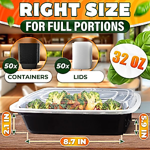 New Century, 50-Pack [32 oz] 1-Compartment Food Container - Rectangular Meal Prep Bento with Lid - Portable Lunch Box - Stackable - BPA Free - Freezer/Microwave/Dishwasher Safe - Reusable Storage