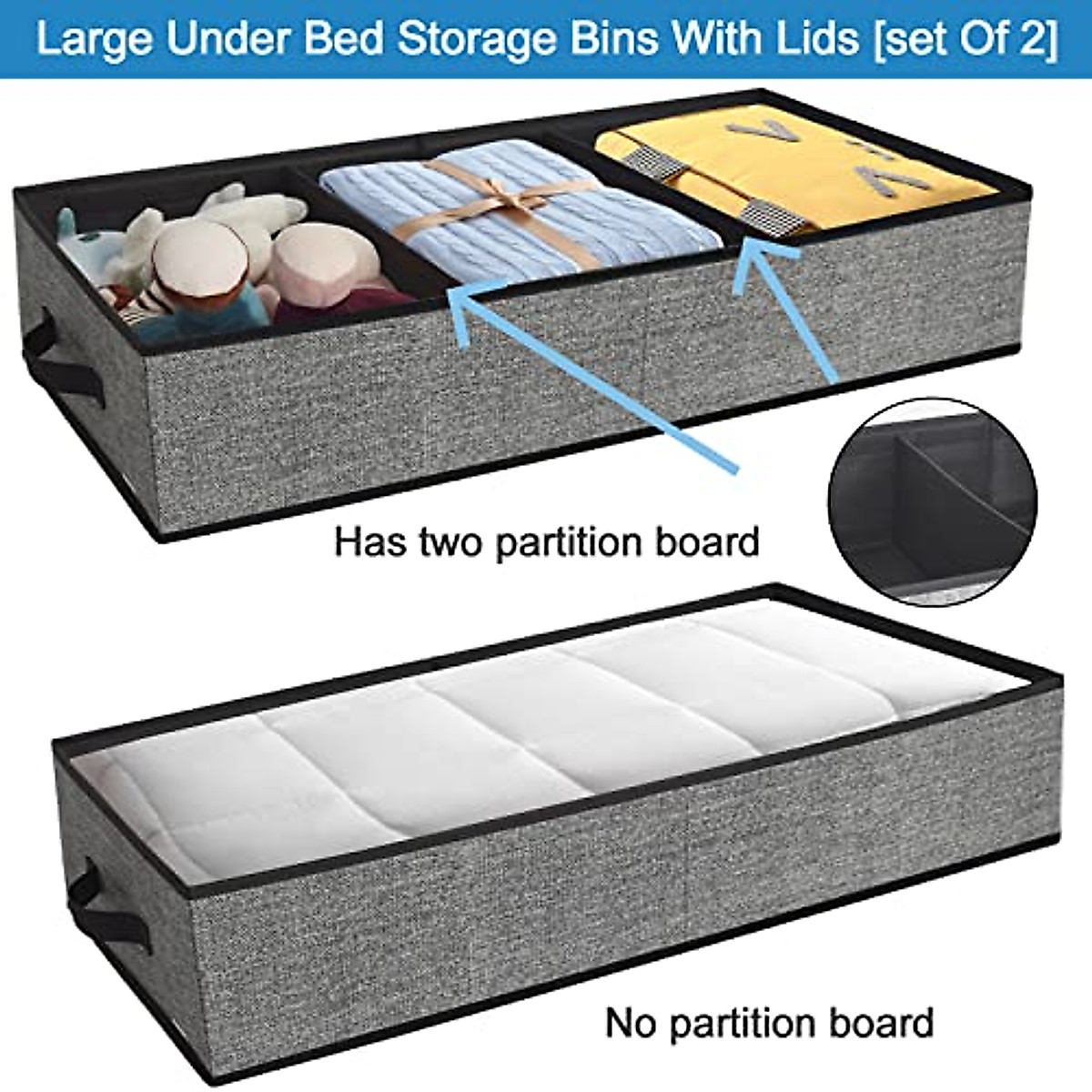 homyfort Under Bed Storage Containers Bins with Lids, Foldable Stackable Underbed Storage Boxes Organizer with 2 stury handles for Clothing, Blankets, Sweaters,sheets, Black, set of 2