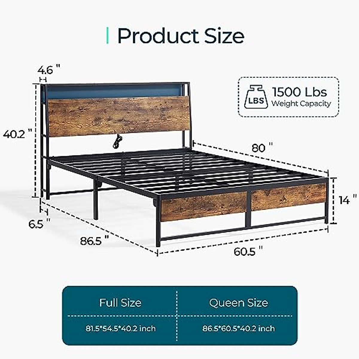 LINSY Queen Bed Frame with Ergonomic Headboard, Fast Assembly Industrial Bed Frame Queen Size with Lights & Charging Station, Platform Metal Bed Frame Queen with Storage, Rustic Brown