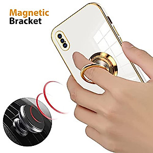 KANGHAR Compatible with iPhone Xs Max Case for Women Girls, Plating Built-in 360 Rotation Magnetic Ring Kickstand Holder Soft Slim Shockproof Bumper Protective Cover (White)