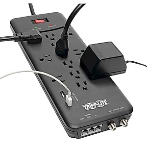 Tripp Lite TLP128TTUSBB 12 Outlet Surge Protector Power Strip, 2 USB Charging Ports, Tel/Modem/Coax Protection, 8ft Cord Right Angle Plug, Black, Lifetime Insurance & $150K Insurance