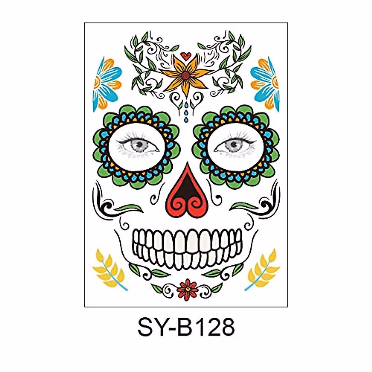 Kotbs 9 Sheets Day of the Died Skeleton Face Tattoo Stickers, Glitter Red Roses Temporary Tattoos for Men Women Halloween Costume Accessories and Parties