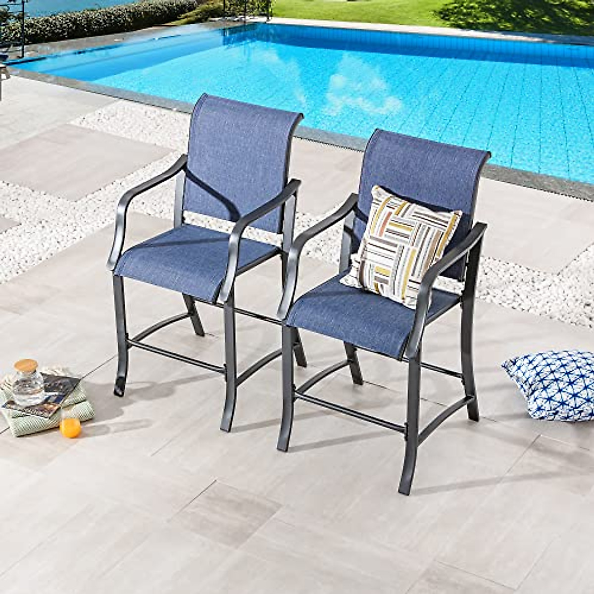 LOKATSE HOME 2 Pieces Outdoor Counter Height Bar Stools Patio Furniture Metal Armchair Set, Blue