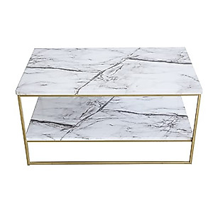 roomfitters 35” Faux Marble Coffee Table, Marble Top Rectangular Coffee Table, Center Table with Gold Metal Frame, 2 Tier Living Room Table, Cocktail Table with Storage for Living Room