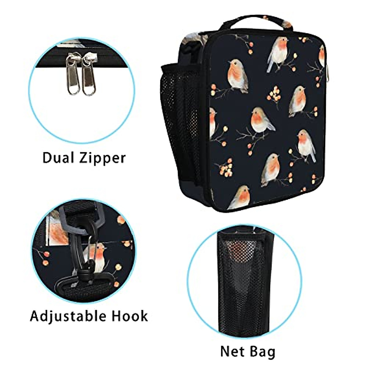 Insulated Lunch Box for Women Men Robin Birds and Berries Rowan Reusable Cooler Lunch Tote Bags Leakproof Lunchbox for Office Work Picnic