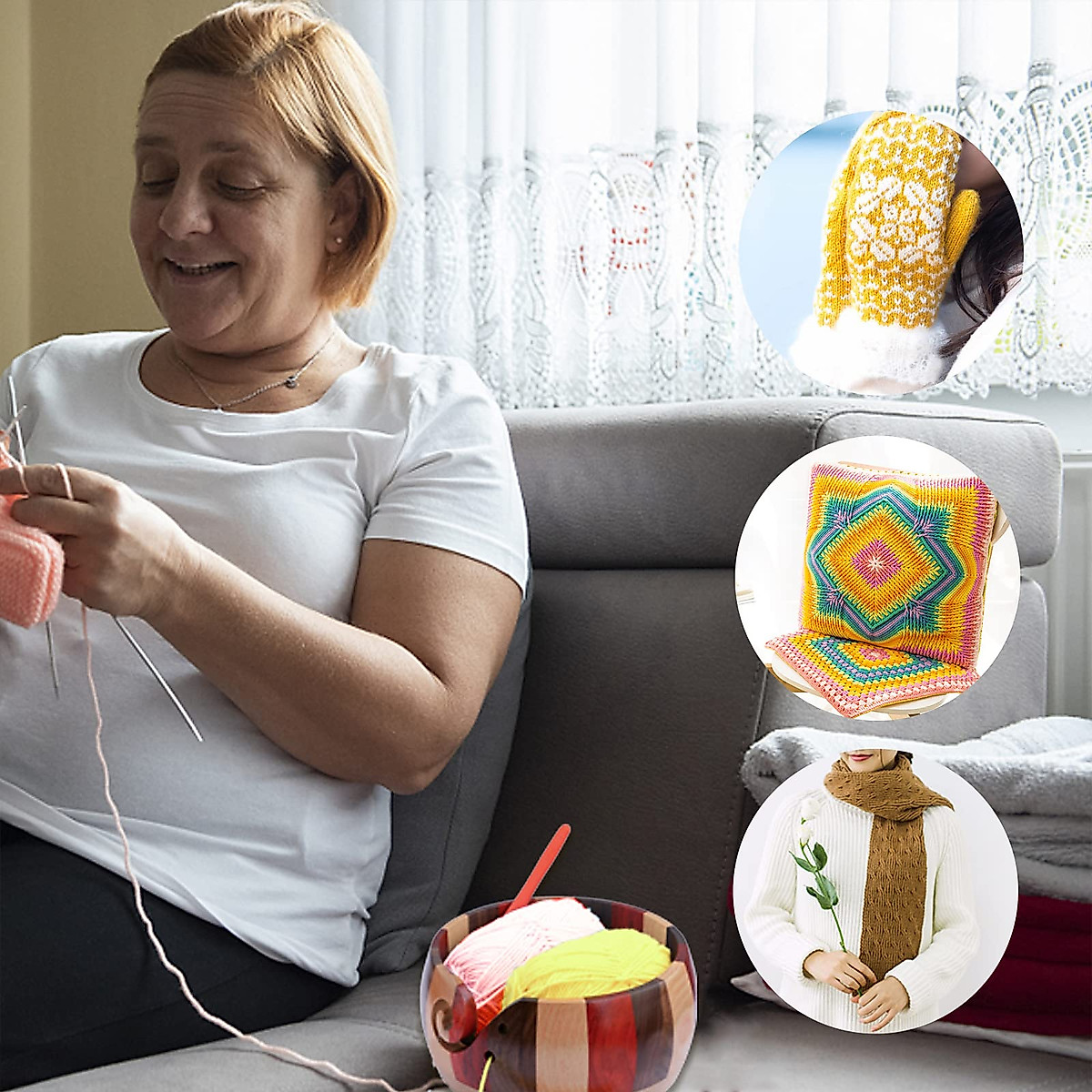 Wooden Yarn Bowls for Crocheting Crochet Bowl Knit Bowls for Yarn Crochet Basket Wool Storage Basket Round with Holes Handmade Craft Crochet Kit Organizer Perfect for Mother's Day (Multicolor)