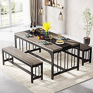Tribesigns 55 Inch Dining Table Set for 4-6, 3-Piece Kitchen Table with 2 Benches, Space-Saving Dining Room Table Set for Home Kitchen, Restaurant, Grey