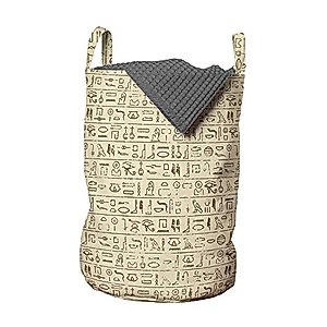 Ambesonne Egyptian Print Laundry Bag, Old Dated Hieroglyphics Language Hand Written Style Borders Worn Look, Hamper Basket with Handles Drawstring Closure for Laundromats, 13" x 19", Tan Brown