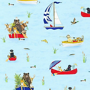 Cotton Lake House Sailboats Animals on Boats Canoes Travel Blue Cotton Fabric Print by The Yard (AMKD-21159-73LAKE)