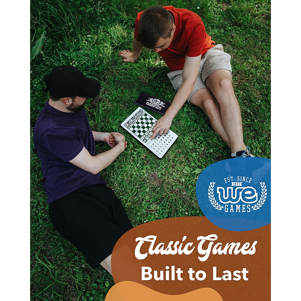 WE Games Mini Chess Set – 10 inch Foldable Pocket Chess Set, Flat Magnetic Chess Pieces, Portable and Travel Chess Set for Adults, White Logo