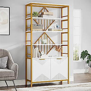 Tribesigns Modern Bookshelves and Bookcases with Doors 11.8in Depth Floor Standing 5 Shelf Display Storage Shelves Bookcase Home Decor Furniture for Home, Office, Living Room, Bedroom
