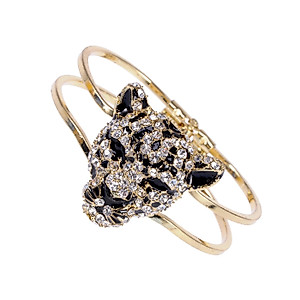 Alilang Golden Tone Clear Crystal Rhinestone Black Enamel Cheetah Leopard Jaguar Head Bangle Bracelet