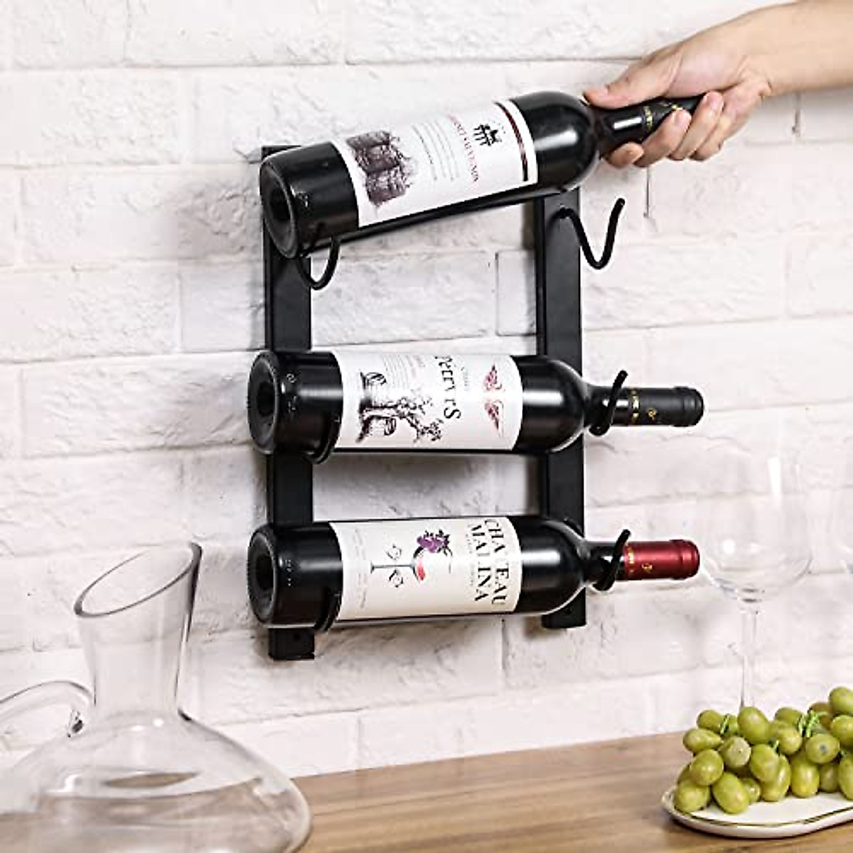 MyGift Modern Wall Mounted Matte Black Metal Wine Storage Rack Set, Hanging Wine Bottle Holder Display Rack, Holds 6 Bottles