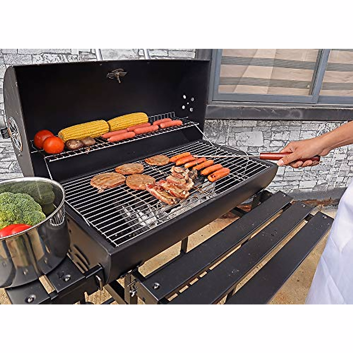 PEPKICN 15 Inches Food Flipper - Stainless Steel BBQ Meat Turner Hook with Wooden Handle for Grilling & Smoking